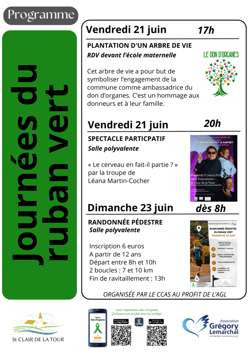 Journées du ruban vert : 21 & 23 juin 2024 - Saint Clair de la Tour